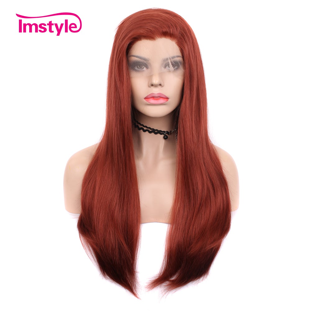 Imstyle Wine Red Straight Synthetic Glueless Lace Front Wigs 24 inch ...