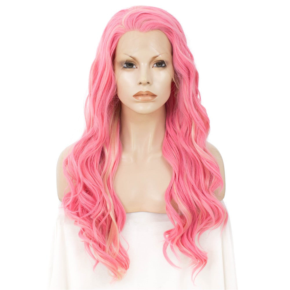 Imstyle Rose Pink Long Wavy Synthetic Glueless Lace Front Wigs 24 inch ...