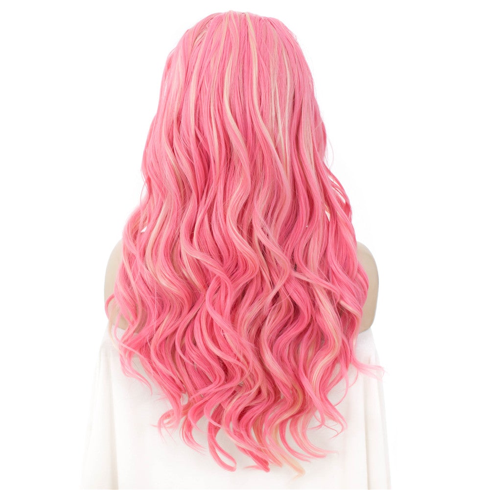 Imstyle Rose Pink Long Wavy Synthetic Glueless Lace Front Wigs 24 inch ...