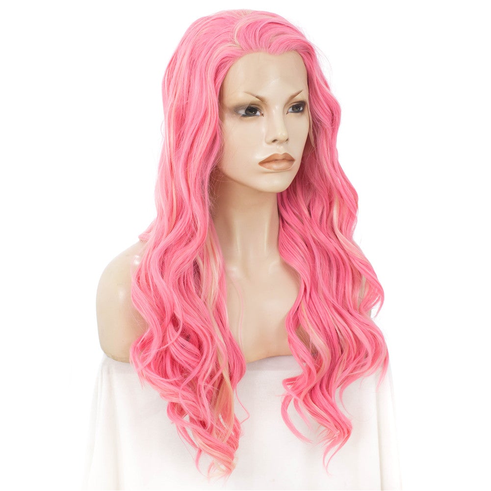 Imstyle Rose Pink Long Wavy Synthetic Glueless Lace Front Wigs 24 inch ...