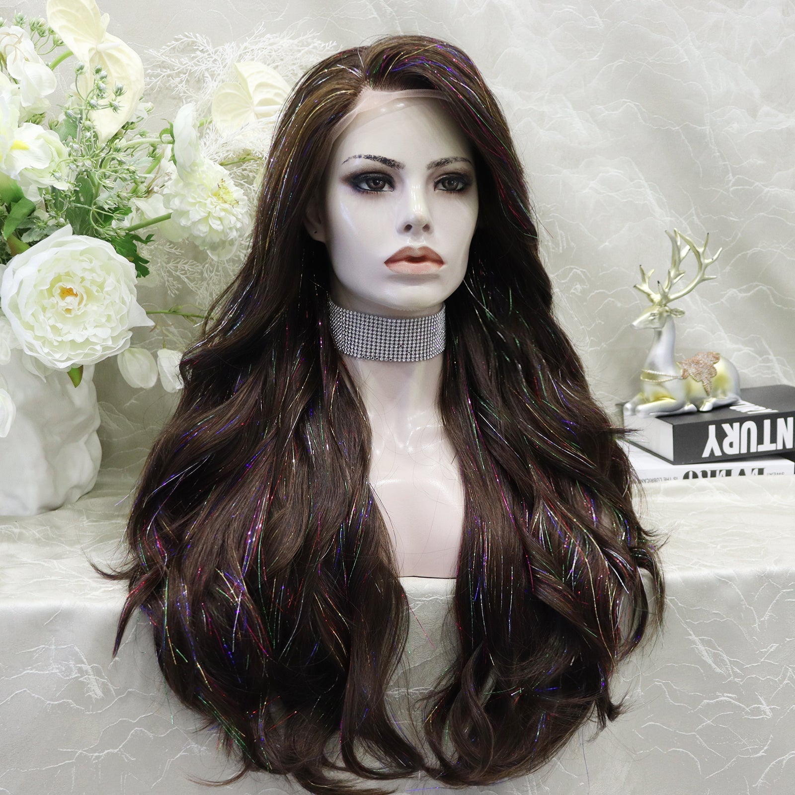 imstyle-Ann-brown Synthetic tinsel wig with layers no parting lace fro ...