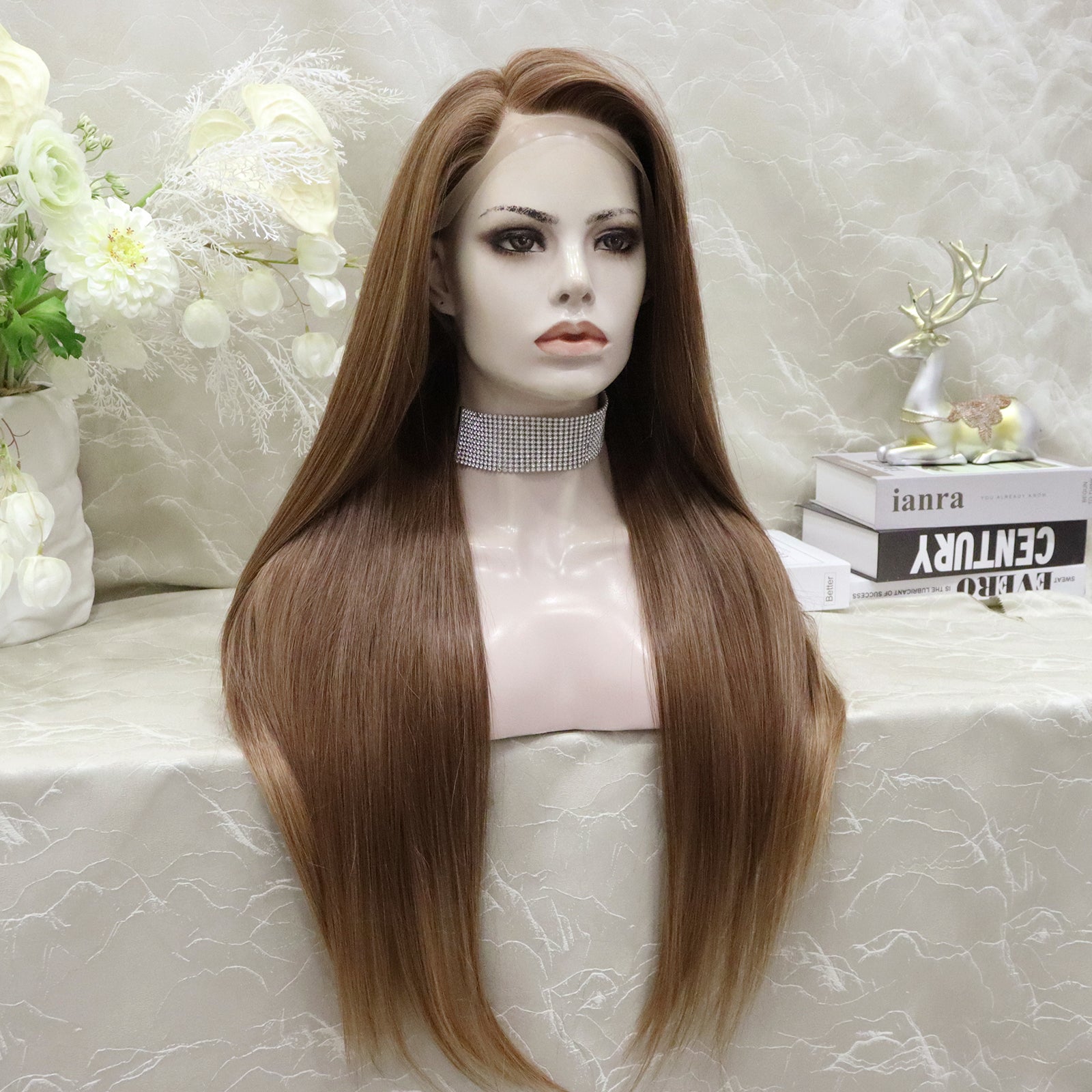 Long Pinkish Brown Silky Straight Synthetic Full Lace Wig – Imstylewigs