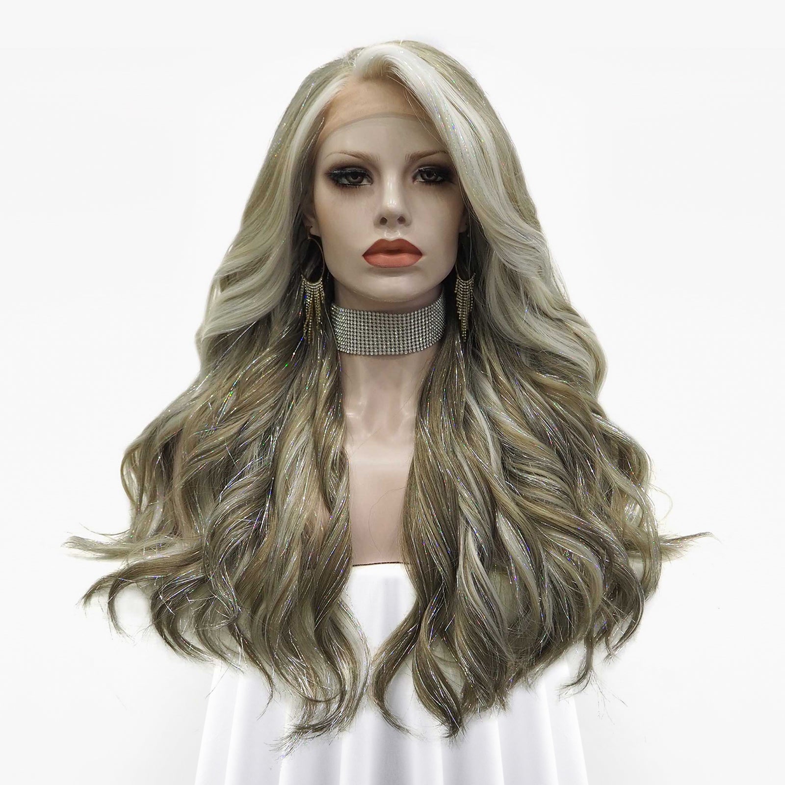 Luna - Gray White Highlighted With Silver Tinsel Synthetic Lace Front ...