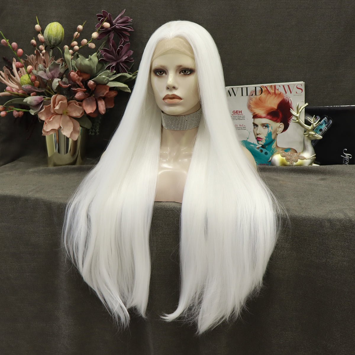 Imstyle Pearl White Silk Straight Synthetic Lace Front Cosplay Wigs ...